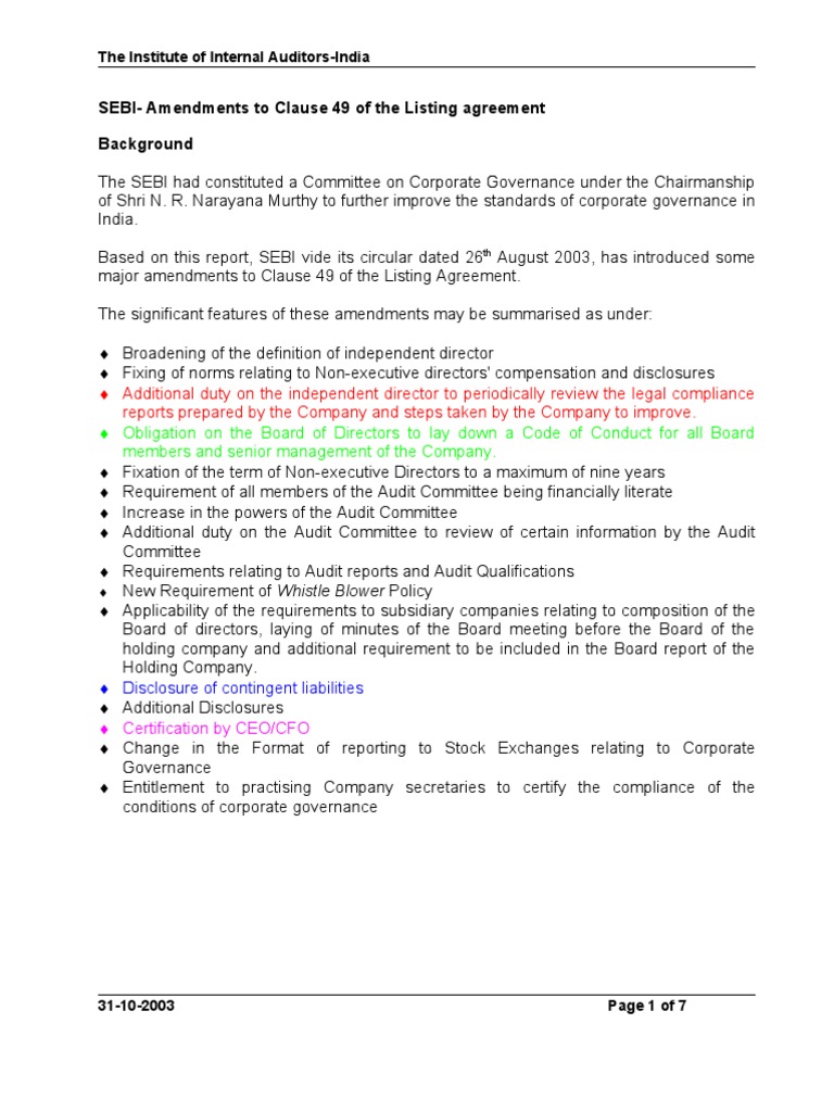 SEBI-Amendments To Clause 49 of The Listing Agreement Background | PDF ...