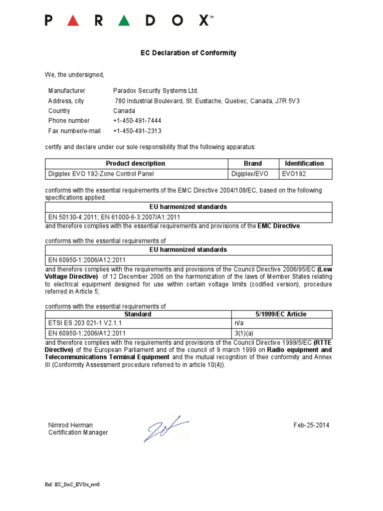 Ec Declaration of Conformity: Ref: Ec - Doc - Evox - Rev0 | PDF