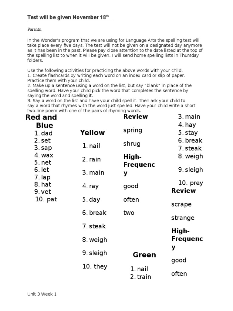 Spelling List With Note U3week1 | PDF