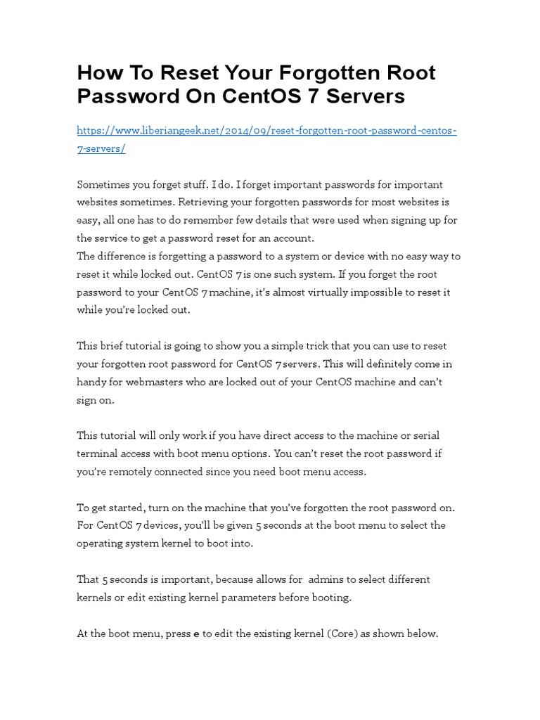 Reset CentOS 7 Root Password Guide | PDF | Business | Technology ...