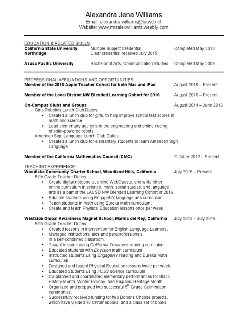 Alexandra Williams Resume Teaching Final112116 | Download Free PDF ...