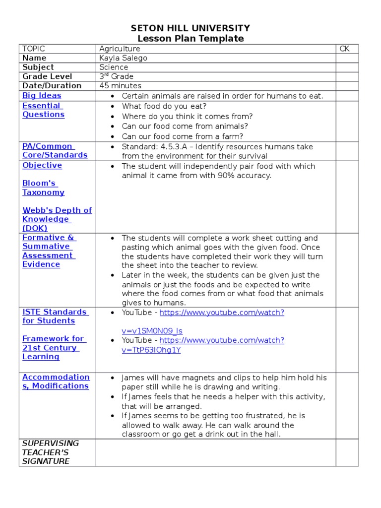 Seton Hill University Lesson Plan Template: Name Subject Grade Level ...