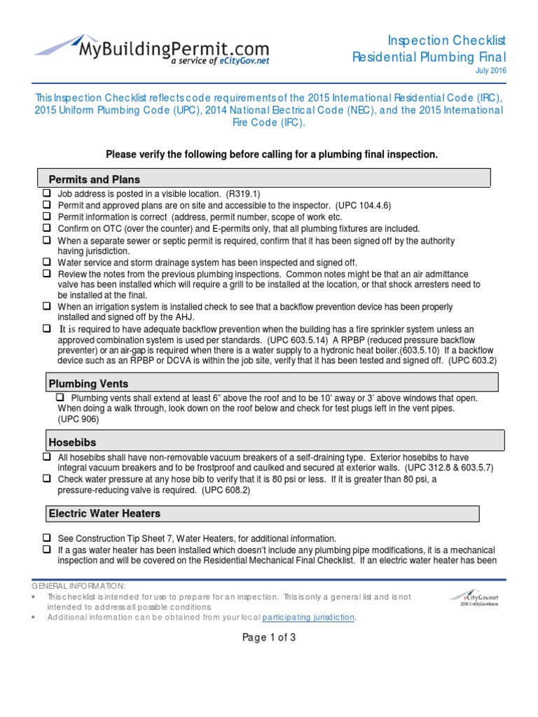 15 IRC Plumbing Final Checklist | PDF | Water Heating | Plumbing