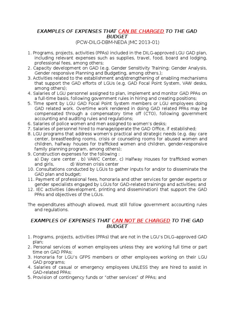 Examples GAD Budget Charges LGU Expenses | PDF | Salary | Gender