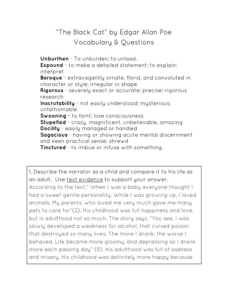 "The Black Cat" by Edgar Allan Poe Vocabulary & Questions | PDF ...