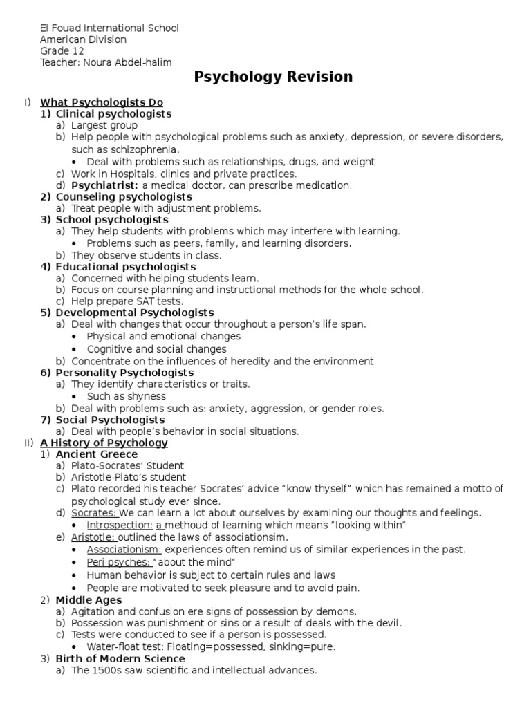 Psychology Revision: 1) Clinical Psychologists | PDF | Emergence ...