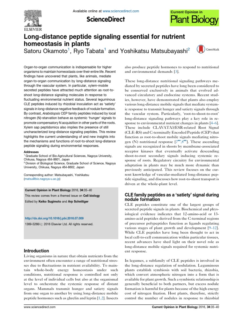 Long-Distance Peptide Signaling Essential For Nutrient Homeostasis in ...