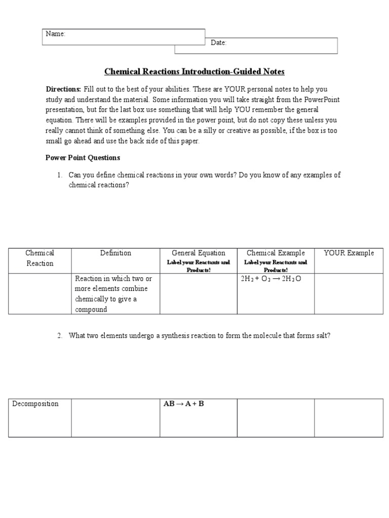Guided Notes | PDF | Chemical Reactions | Unit Processes