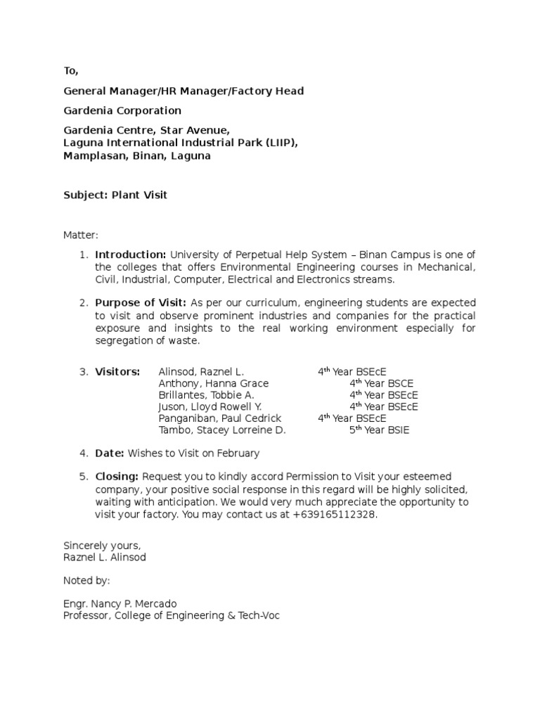 Request for Gardenia Factory Visit | PDF
