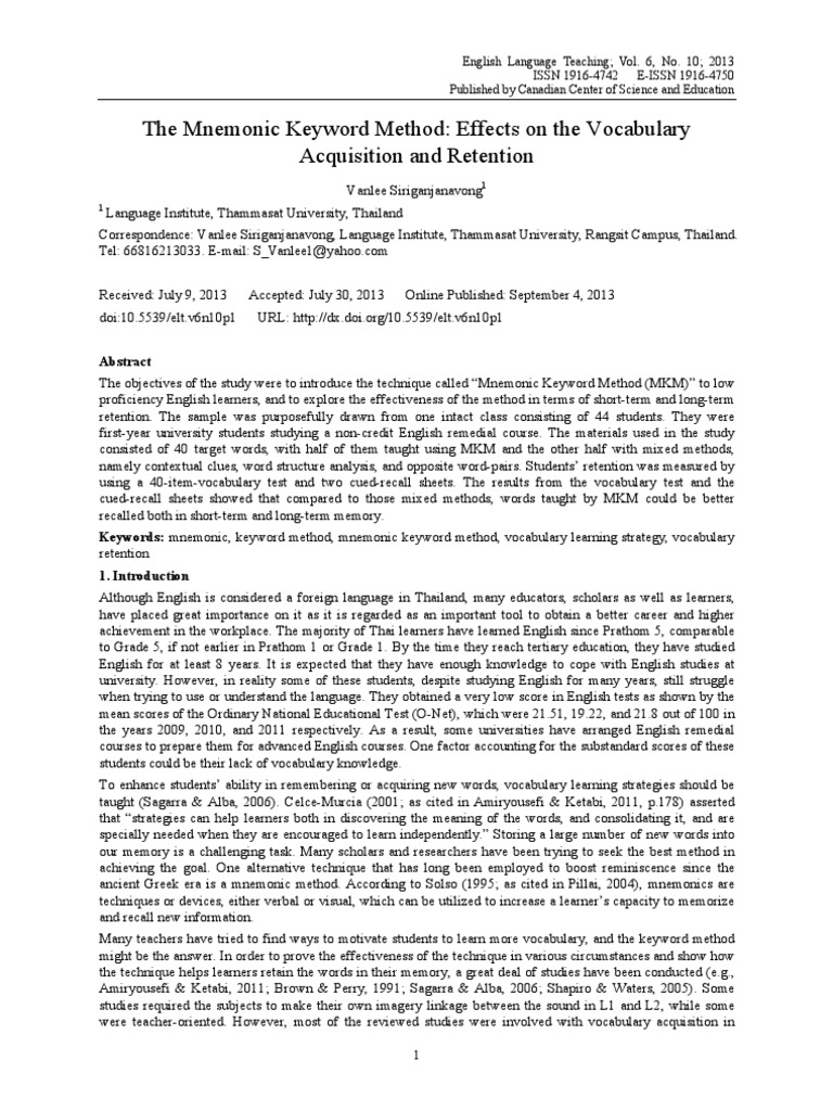 The Mnemonic Keyword Method - Effects On The Vocabulary | PDF
