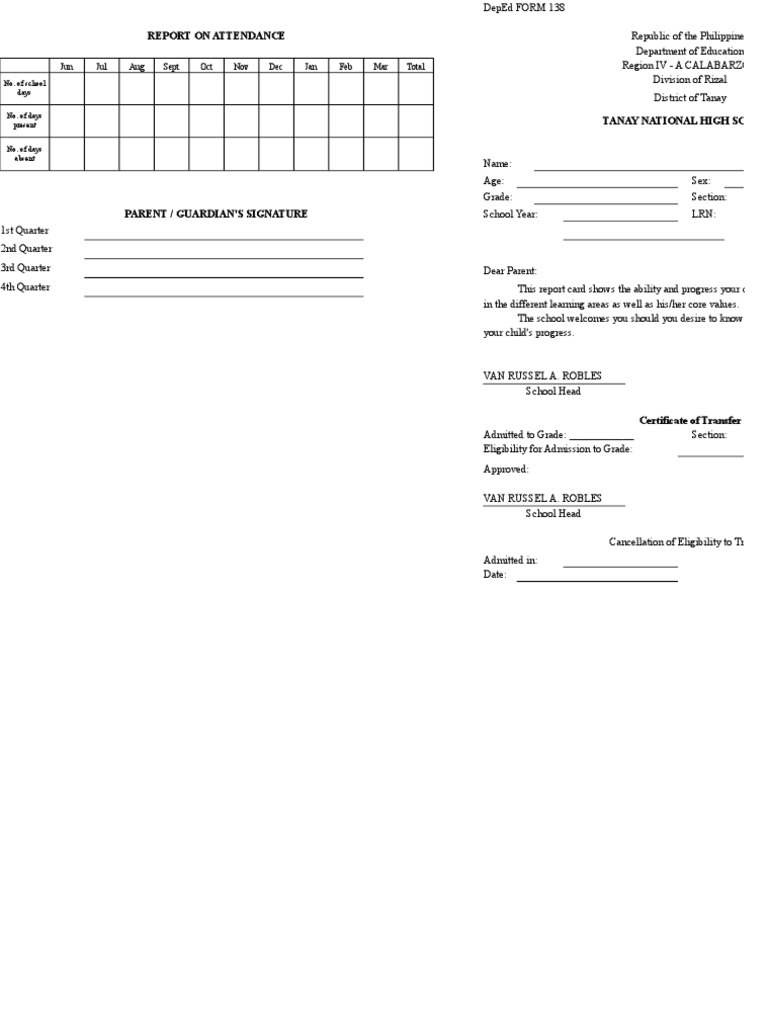 DepEd Form 138 Report Card Overview | PDF | Wellness
