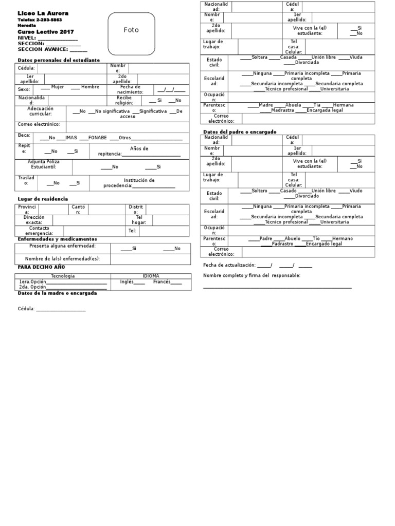 Plantilla - Datos Personales Del Estudiante | PDF | Bienestar | Medicina