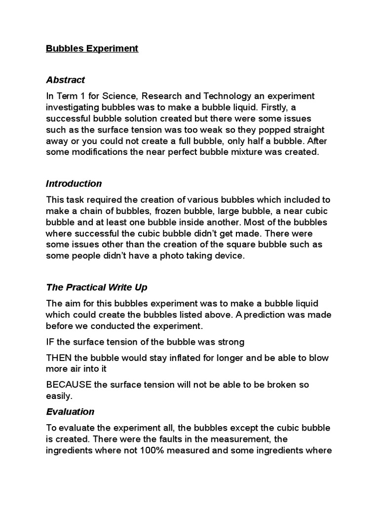 Bubble Experiment: Creating Solutions | PDF | Economic Bubble | Surface ...