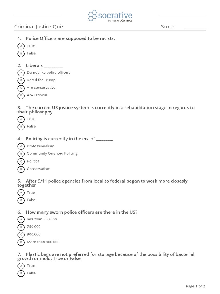 Criminal Justice Quiz Score:: True False | PDF