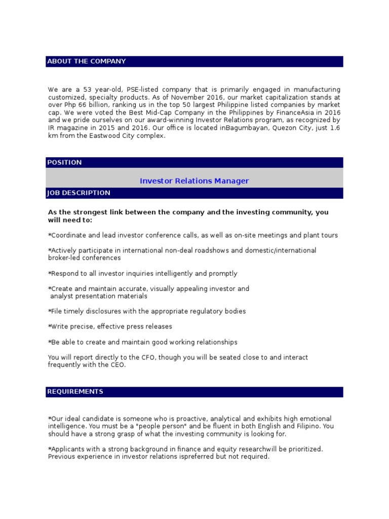 About The Company: Investor Relations Manager | PDF | Investor | Investing