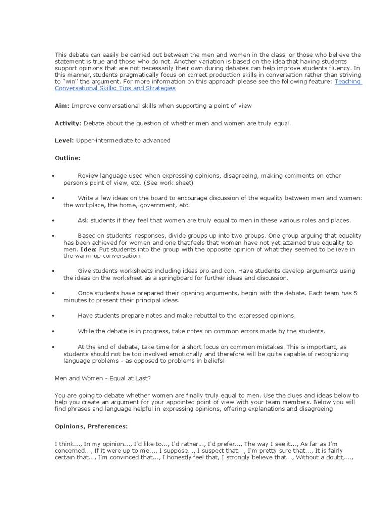 Men vs Women: Equality Debate Guide | PDF | Gender Equality | Gender ...