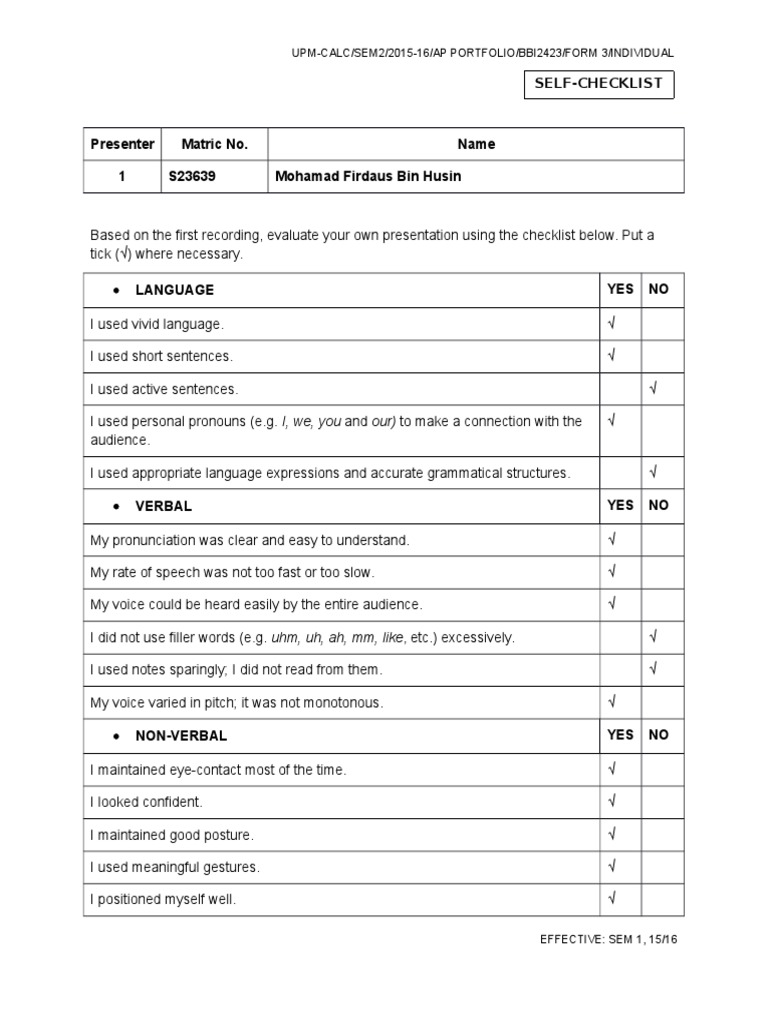 Self-evaluation checklist for an academic presentation on the topic ...
