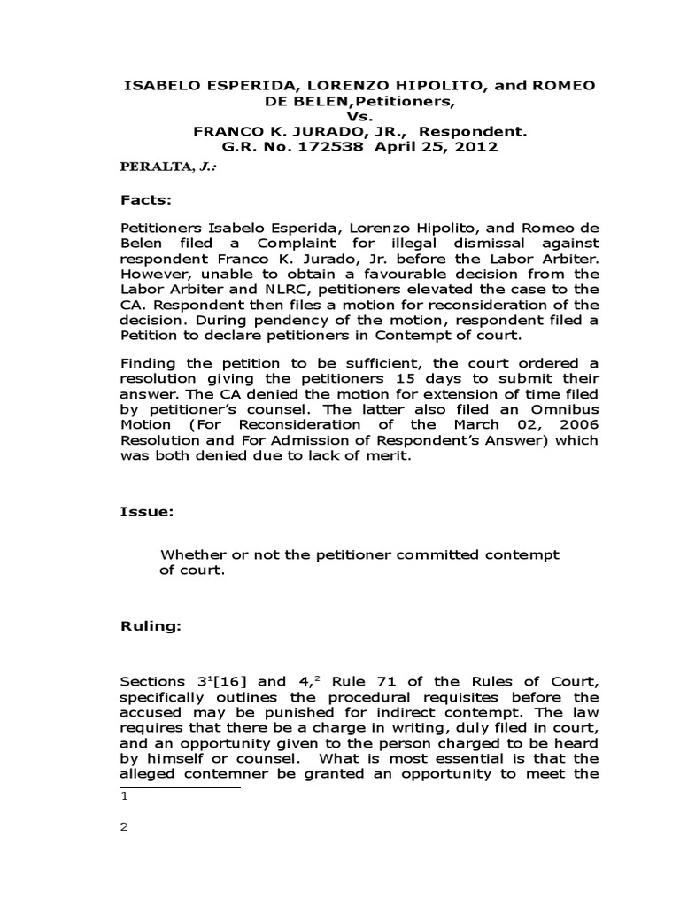 1 Esperida Vs Jurado, G.R. No. 172538 April 25, 2012 | PDF | Contempt Of Court | Lawsuit
