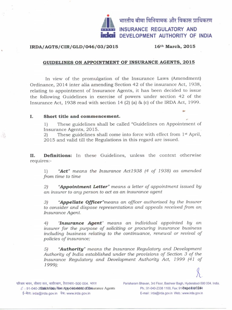 Guidelines On Appointment of Insurance Agents 2015 PDF | PDF