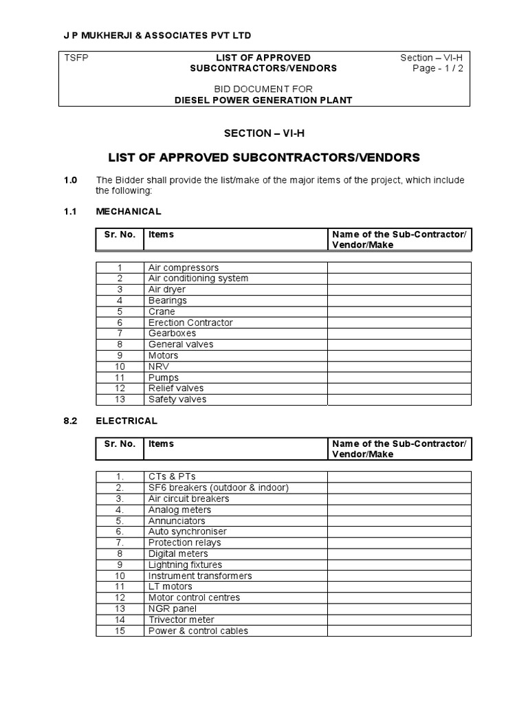 List of Approved Subcontractors/Vendors: Section - Vi-H | PDF
