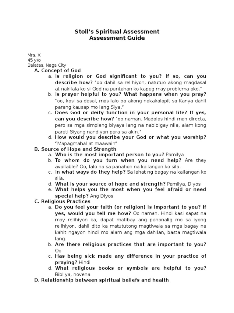 Stoll's Spiritual Assessment Assessment Guide: Mrs. X 45 Y/o Balatas ...