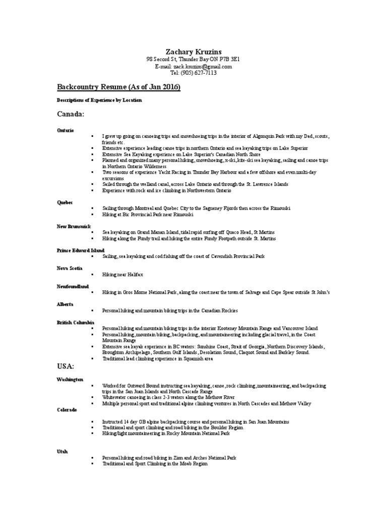 Backcountry Resume (Jan 2016) | PDF | Outdoor Recreation | Nature