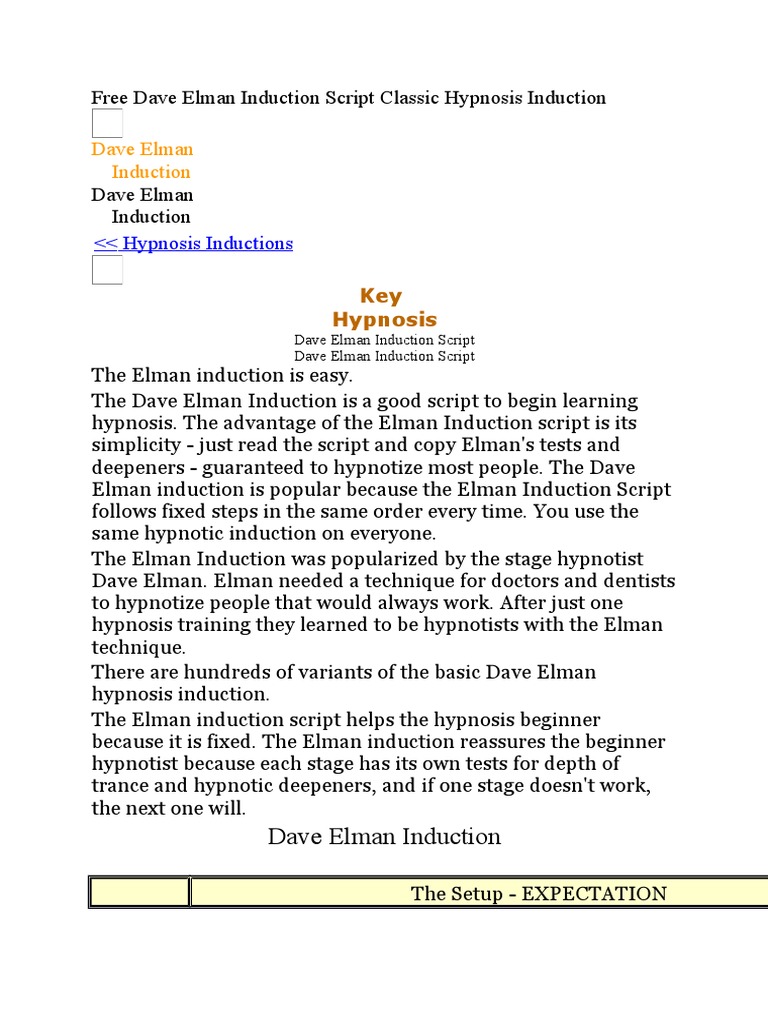 Dave Elman Induction Hypnosis Induction Script | PDF | Hypnosis | Relaxation (Psychology)