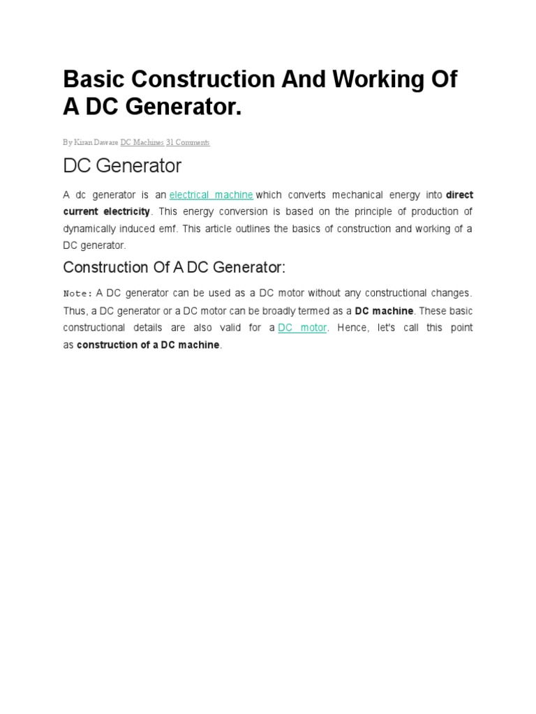 Basic Construction and Working of A DC Generator | PDF | Electric Motor ...