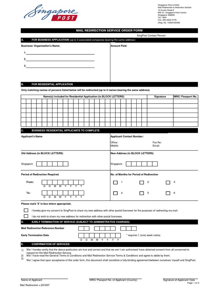 SingPost - Mail Redirection Application Form (v201607) | PDF | Mail ...