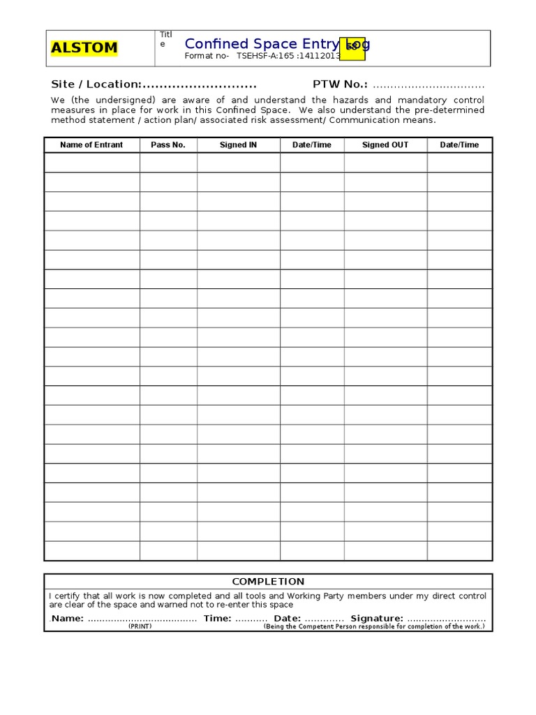 Confined Space Entry Log Template | PDF | Law | Technology & Engineering