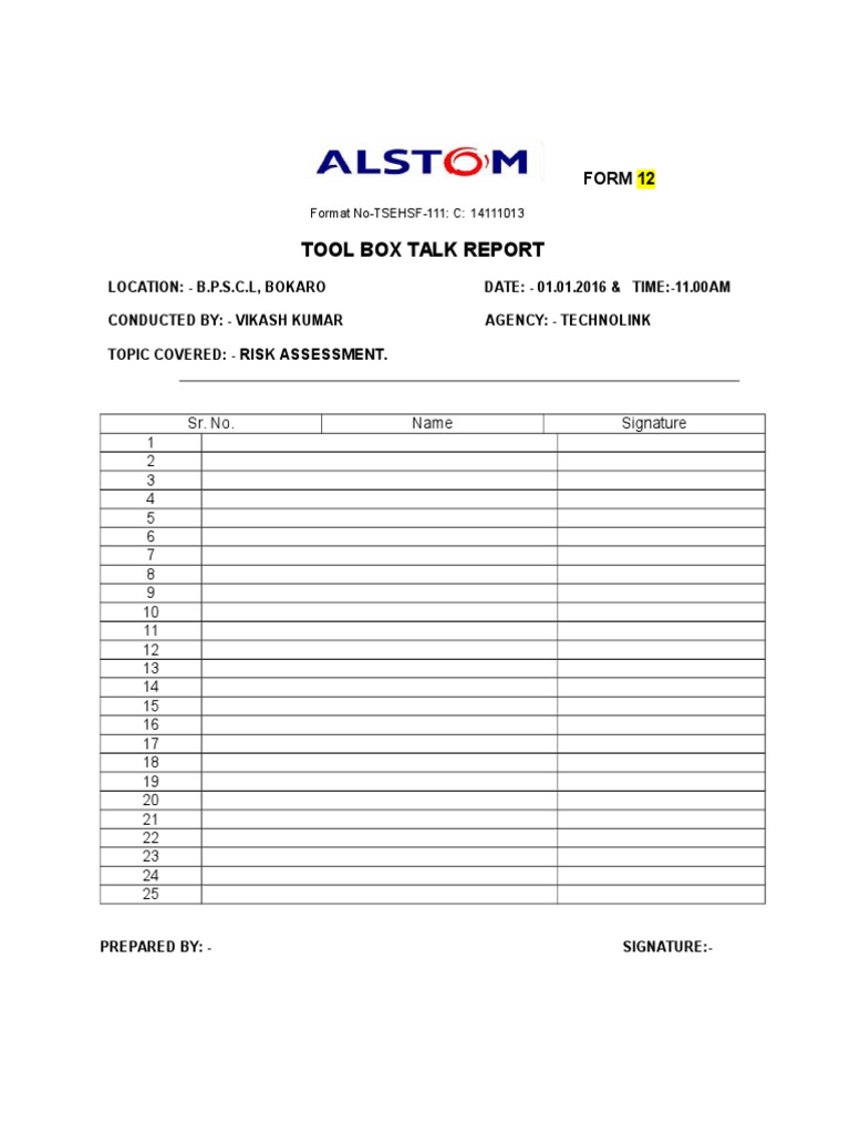 Tool Box Talk Report: Risk Assessment | PDF