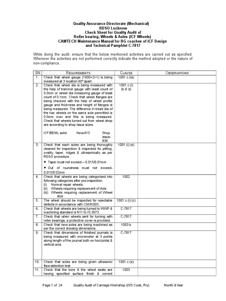 Quality Audit - Check Sheet - Carriage Workshop | PDF | Door | Bearing ...