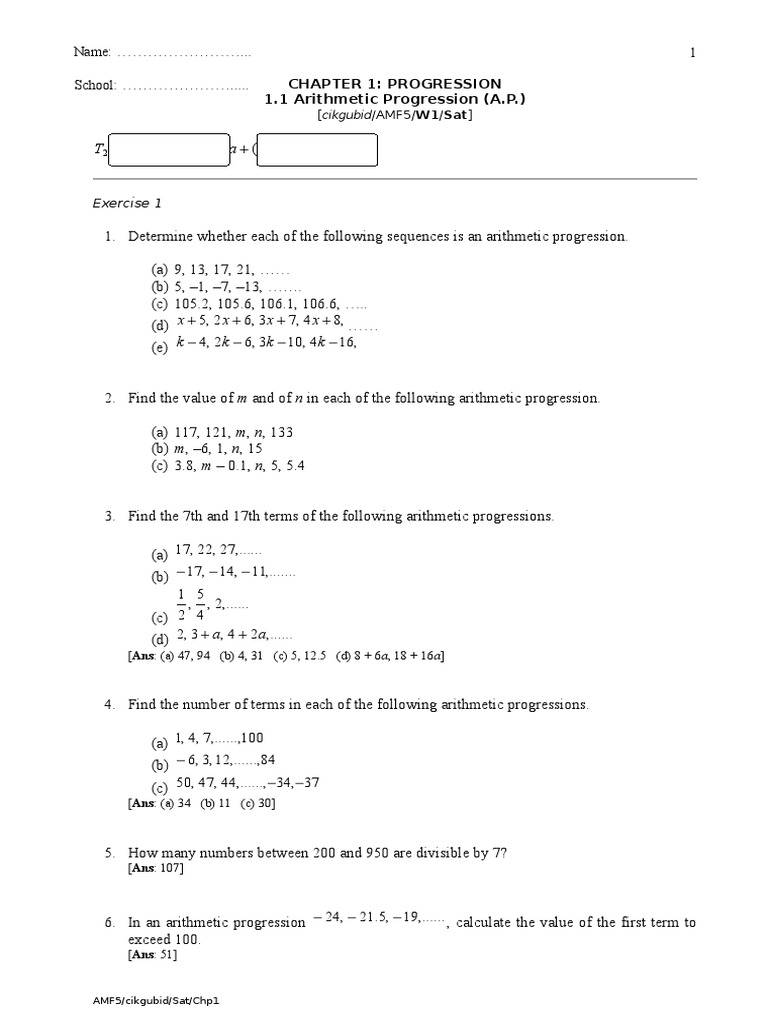 AddMaths Form 5 CHP 1 Arithmetic Progression | PDF | Summation | Volume