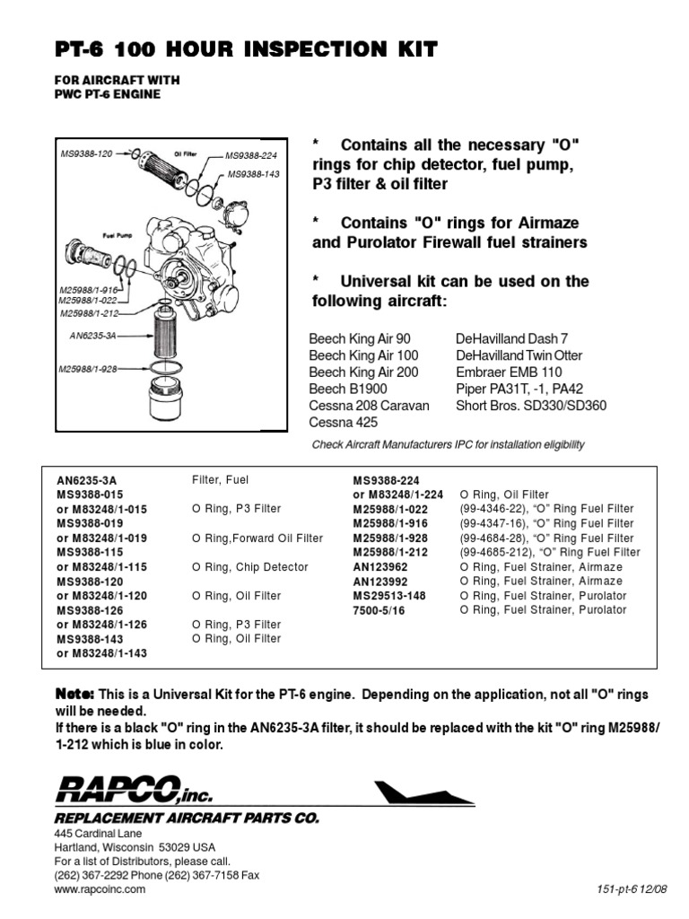 PT6 100 Hour Inspection Kit Contents | PDF