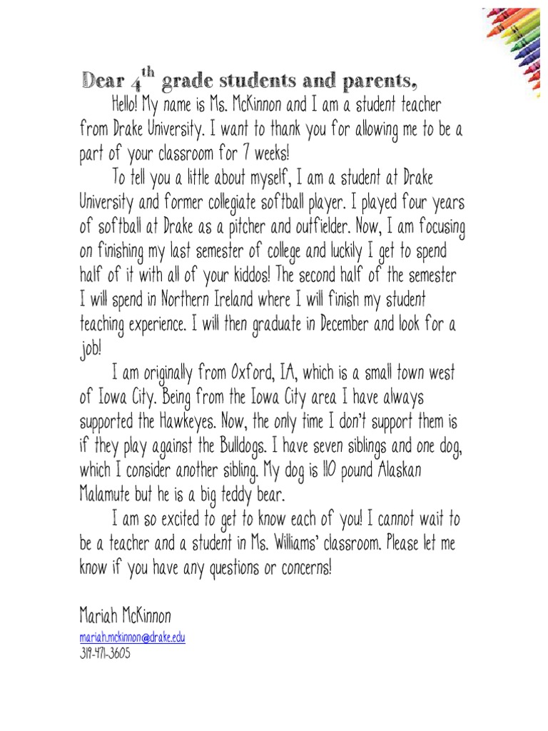 Dear 4 Grade Students and Parents,: Mariah - Mckinnon@drake - Edu | PDF