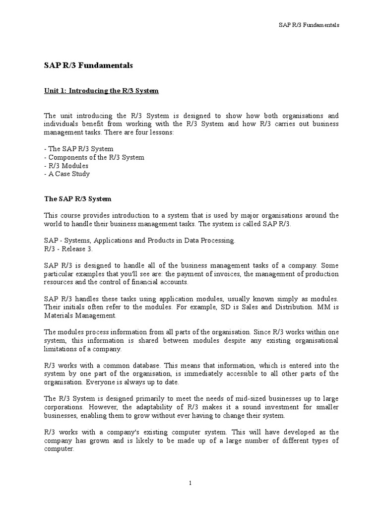 SAP R/3 Fundamentals: Unit 1: Introducing The R/3 System | PDF | User ...