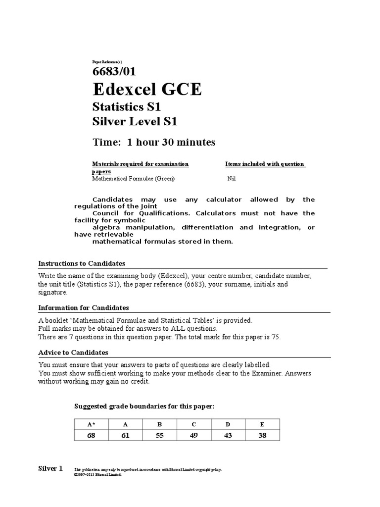 Edexcel GCE: 6683/01 Statistics S1 Silver Level S1 | PDF | Median ...