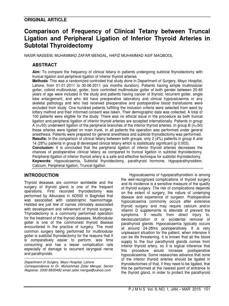 Comparison of Frequency of Clinical Tetany Between Truncal Ligation and Peripheral Ligation of ...