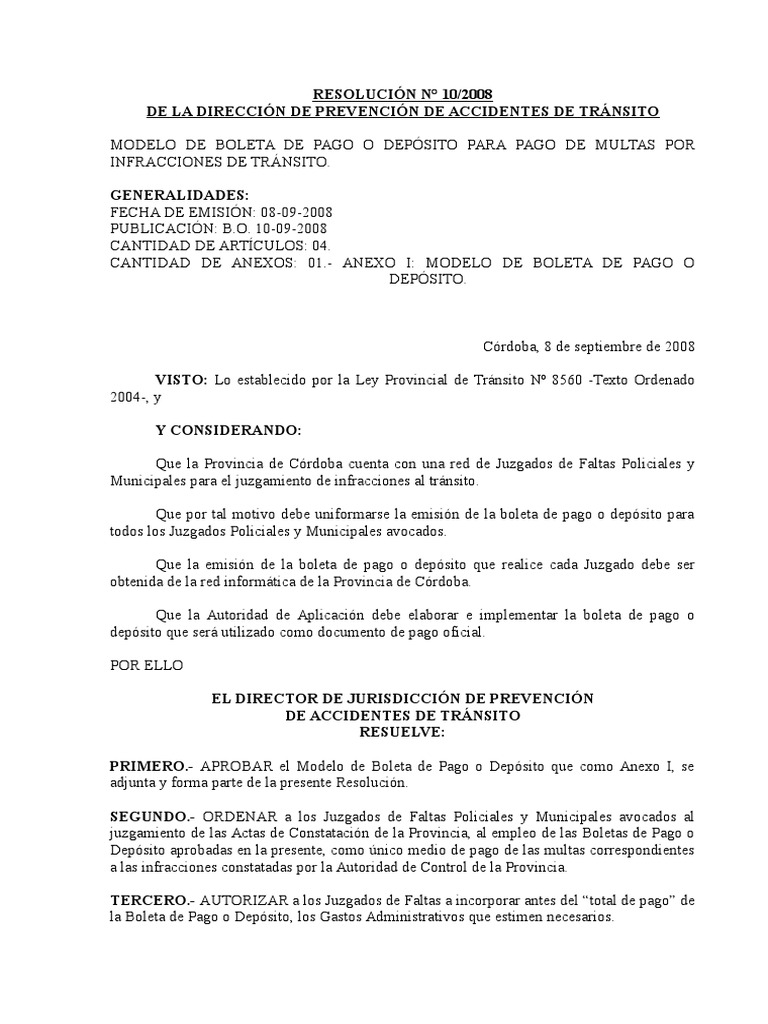 Modelo de Boleta de Pago de Multas de Tránsito | PDF