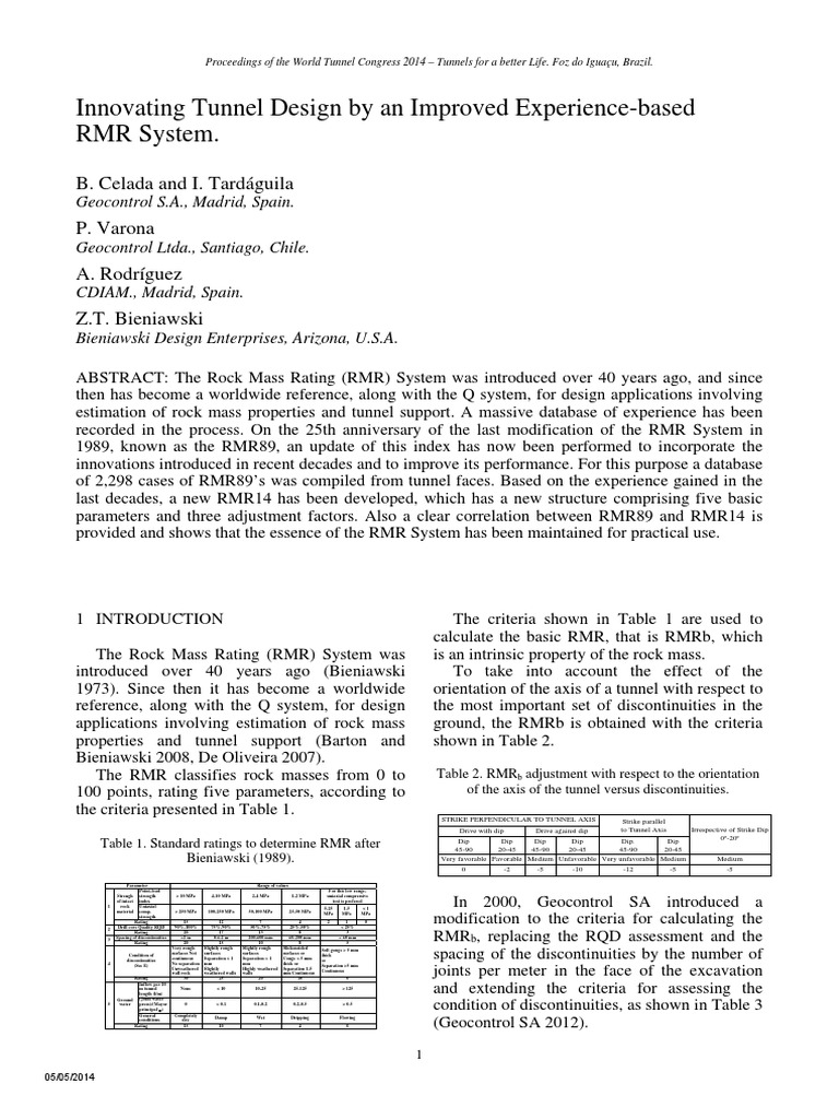 Bieniawski RMR Updated | PDF | Tunnel | Strength Of Materials