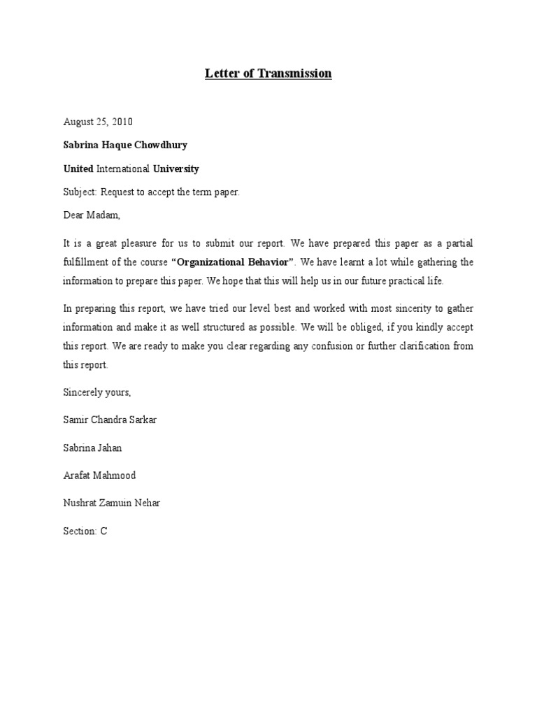 Letter of Transmission: Sabrina Haque Chowdhury United International ...