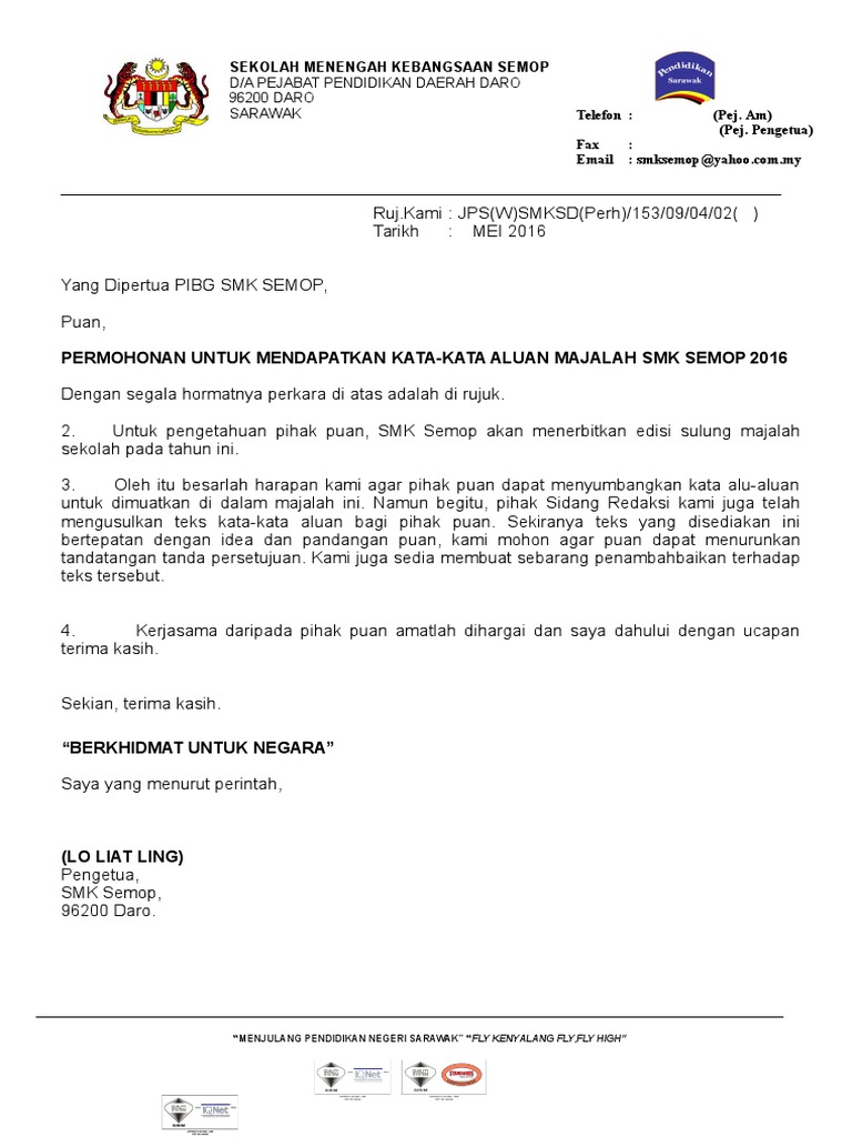 Contoh Surat Memohon Perutusan Majalah (YDP PIBG) | PDF