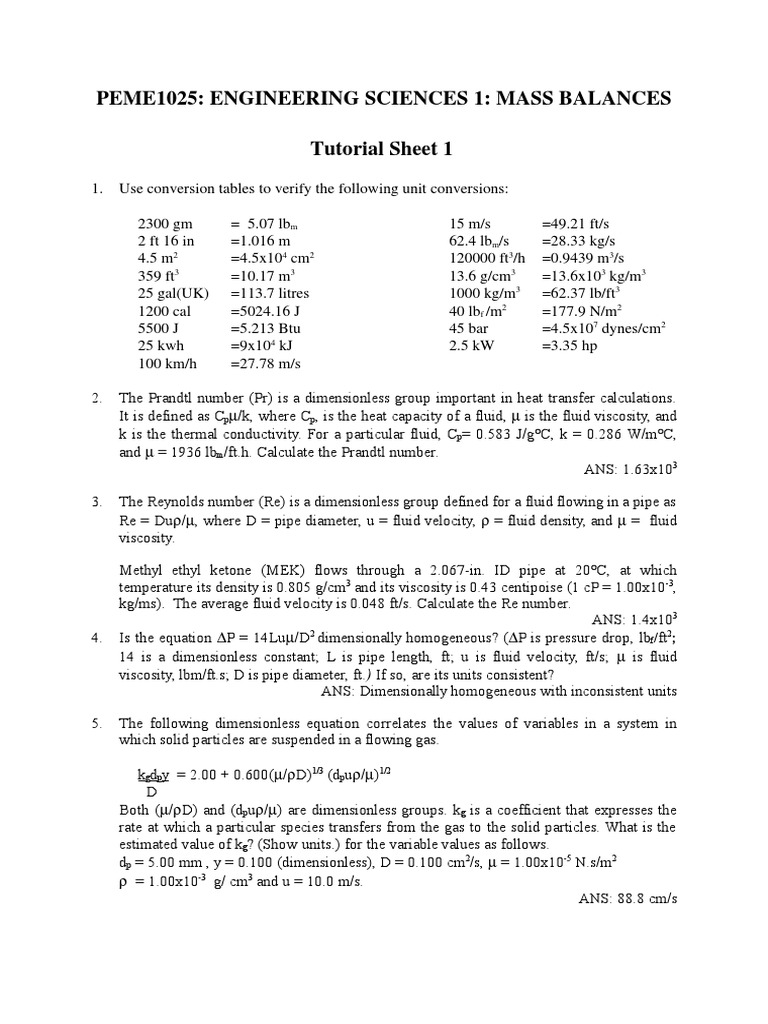 Peme1025: Engineering Sciences 1: Mass Balances Tutorial Sheet 1 | PDF