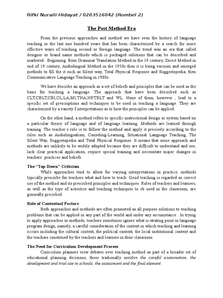 The Post Method Era Pdf Teachers Language Education