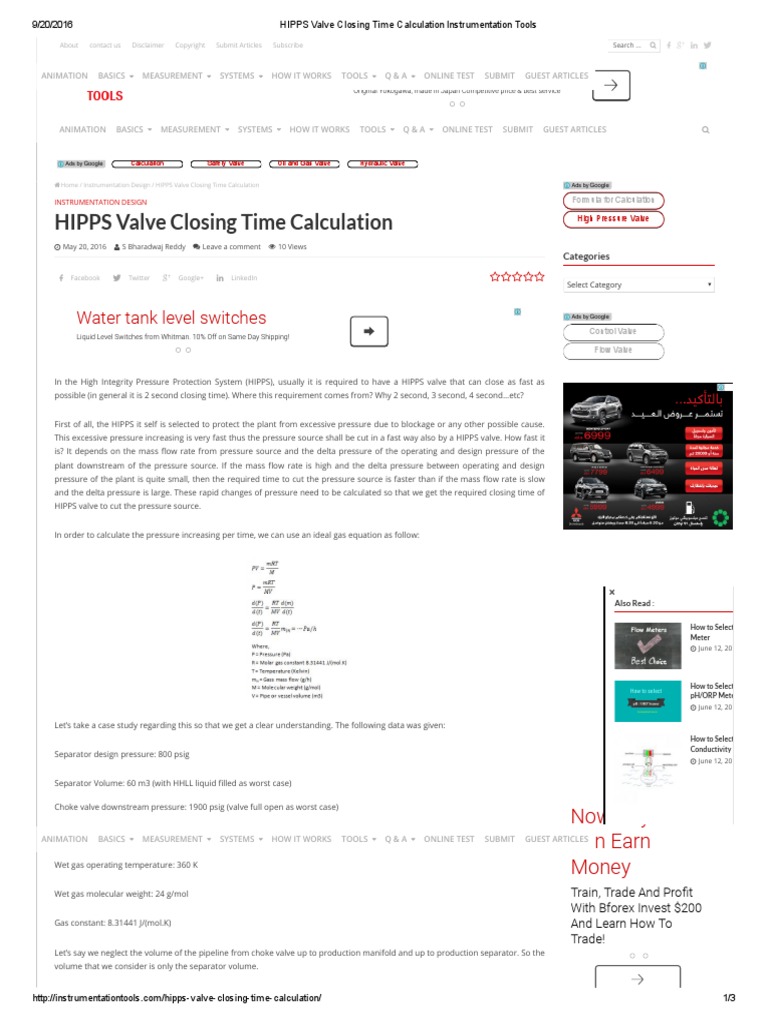 HIPPS Valve Closing Time Calculation Instrumentation Tools | PDF ...