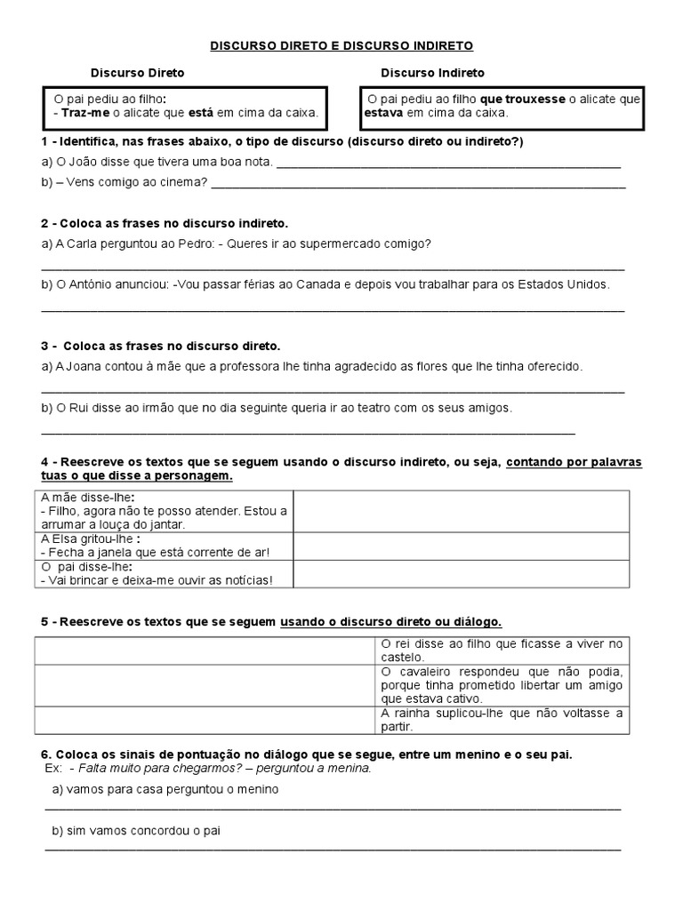 Ficha de Trabalho Do Discurso Indireto | PDF