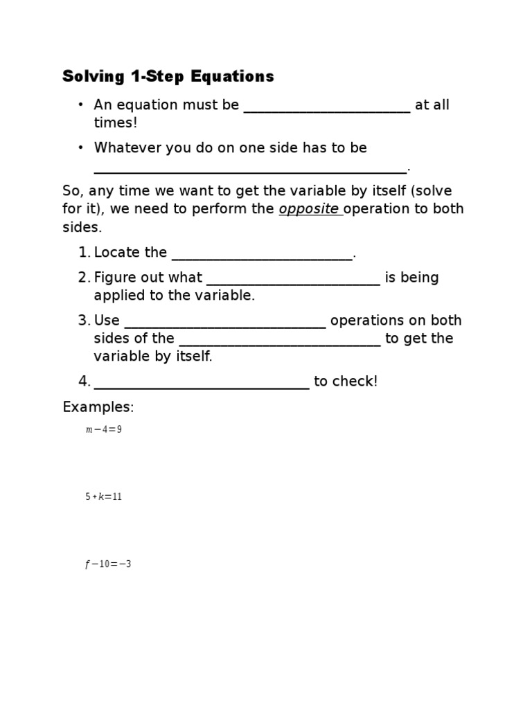 Solving 1-Step Equations Guided Notes Basic | PDF