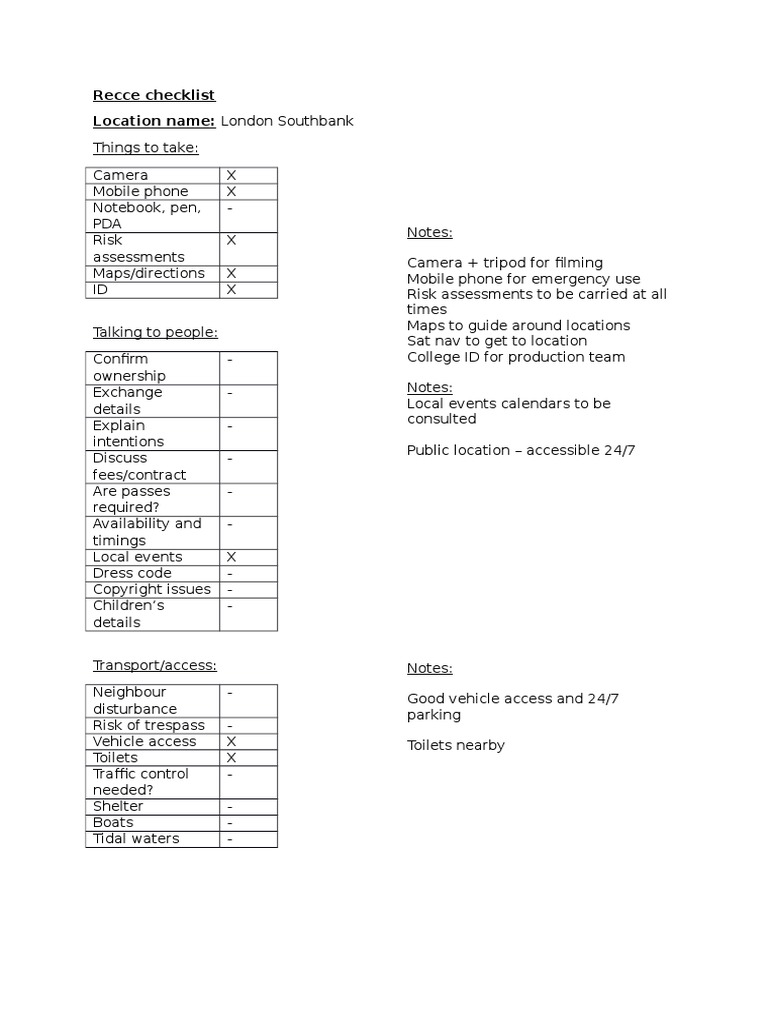 Recce Checklist Location Name: London Southbank | PDF