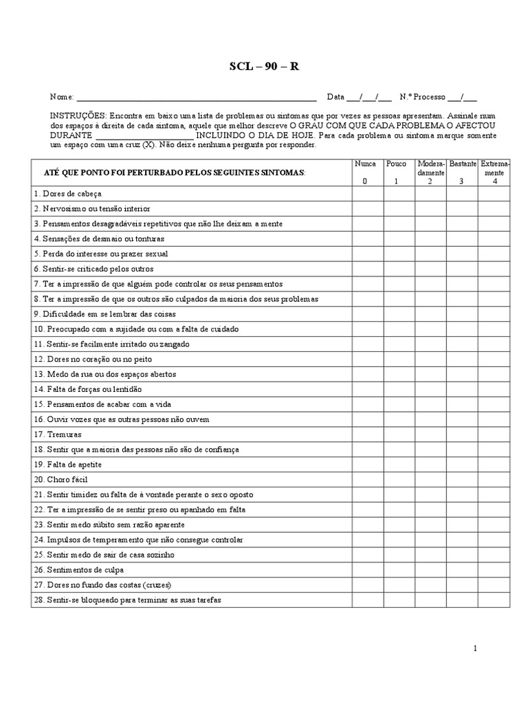 SCL 90 R | PDF | Pensamento | Psicologia
