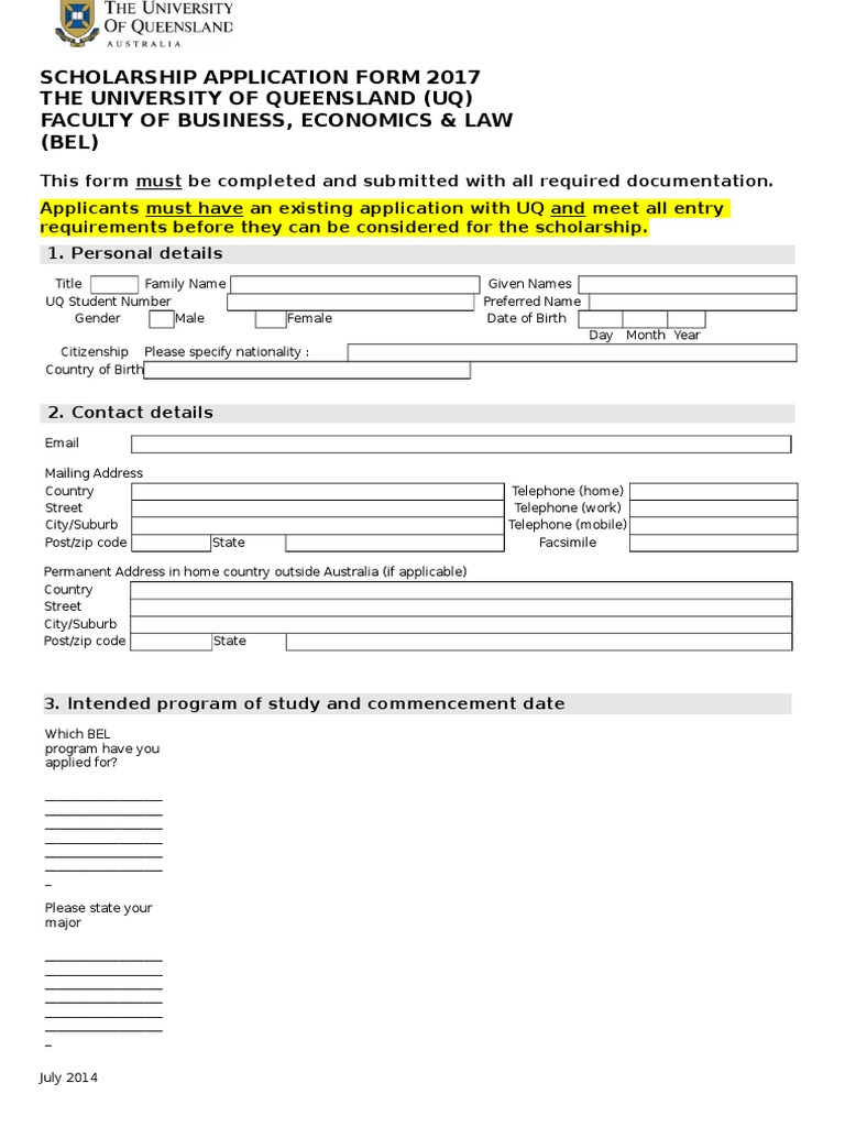 Scholarship Application Form 2017 The University of Queensland (Uq ...